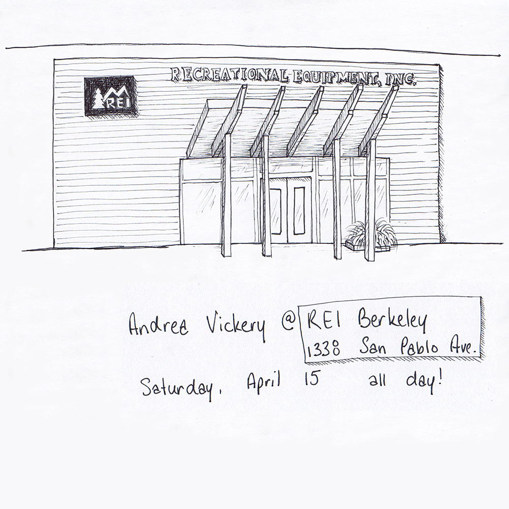 Pop-up at REI Berkeley on Saturday April 15 – Andrea Vickery